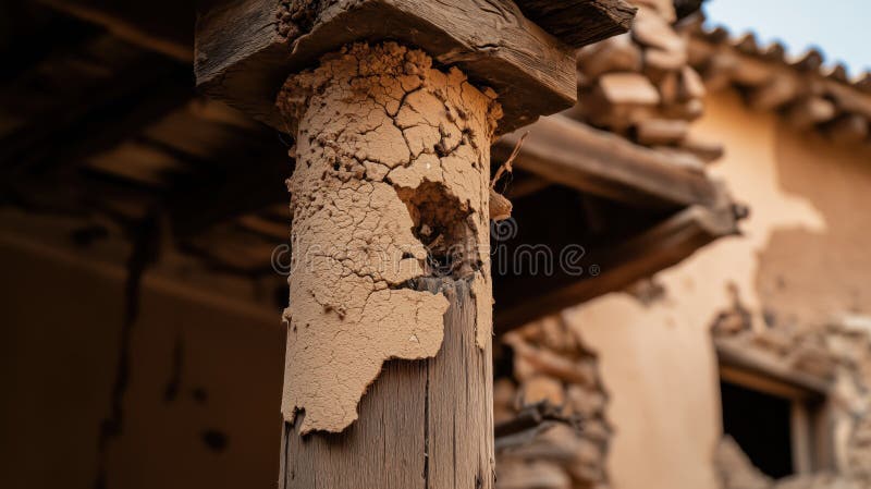 Cracked Wooden Pillar Showing Termite Damage in Old House Stock ...