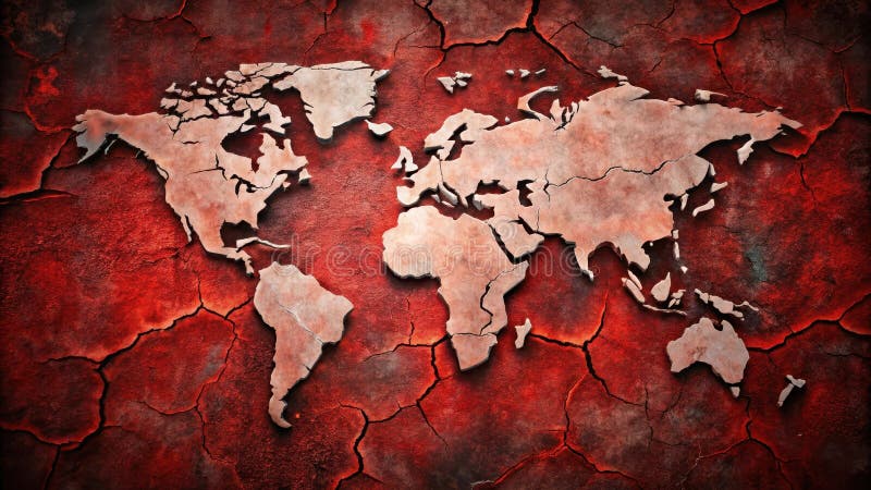 A Cracked World Map Embossed on a Crimson Surface Representing Global Challenges. Generative AI ...