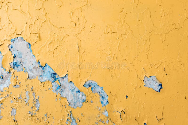 Cracked Yellow Paint on Blue Concrete Wall Stock Photo - Image of ...