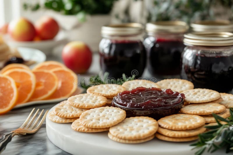 Crackers with Berry Jam and Fresh Fruit Stock Image - Image of wooden ...