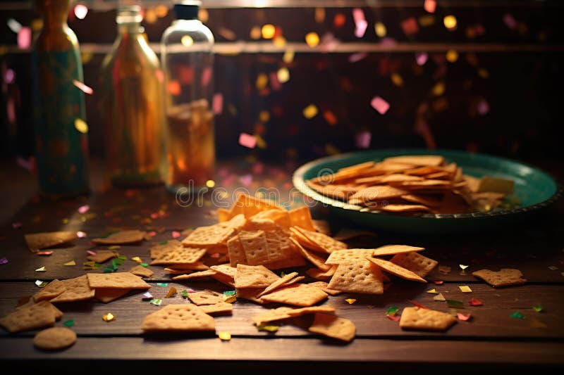 Crackers and Confetti on a Wood Counter, in Warm Light Stock Photo ...