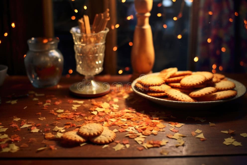 Crackers and Confetti on a Wood Counter, in Warm Light Stock Image ...