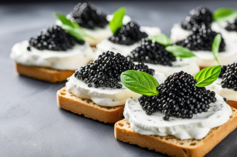 Crackers with Cream Cheese and Black Caviar Garnished Stock ...