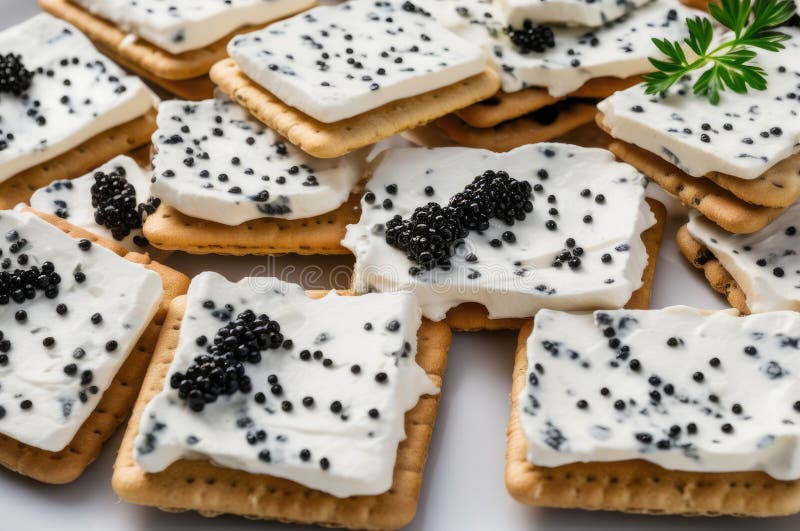 Crackers with Cream Cheese and Black Caviar Garnished Stock ...