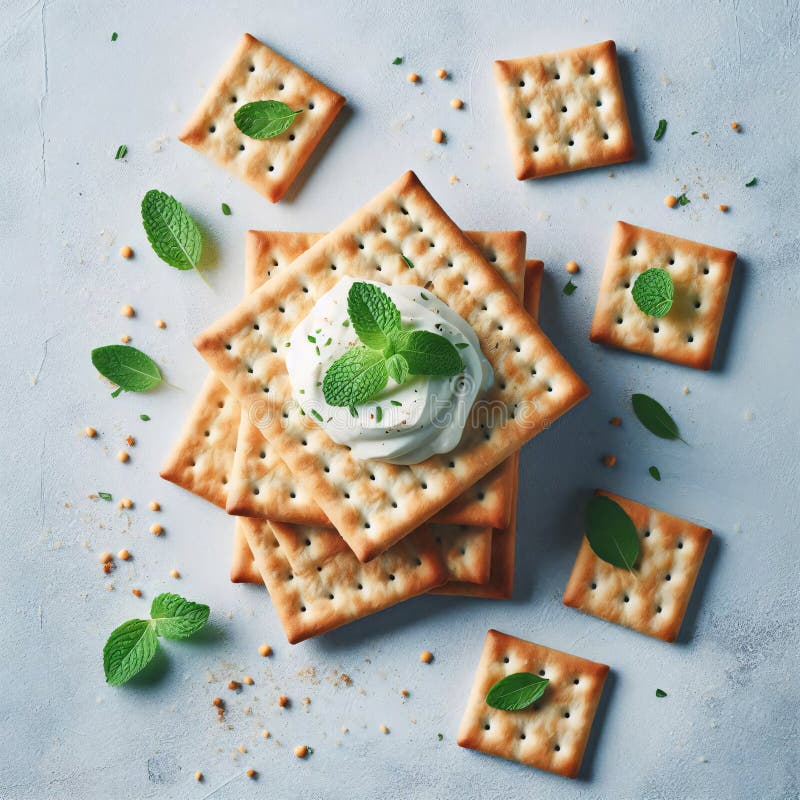 Crackers with Dip and Mint on Top, a Fresh Snack Idea Stock ...