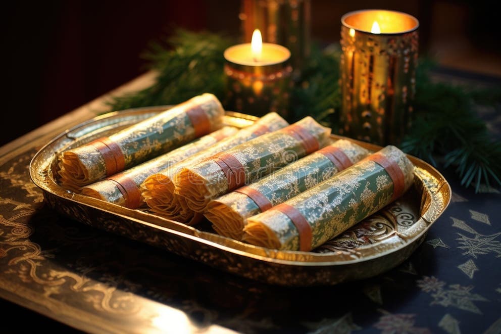 Crackers in Holly-patterned Wrappers on a Shiny Tray Stock Photo ...