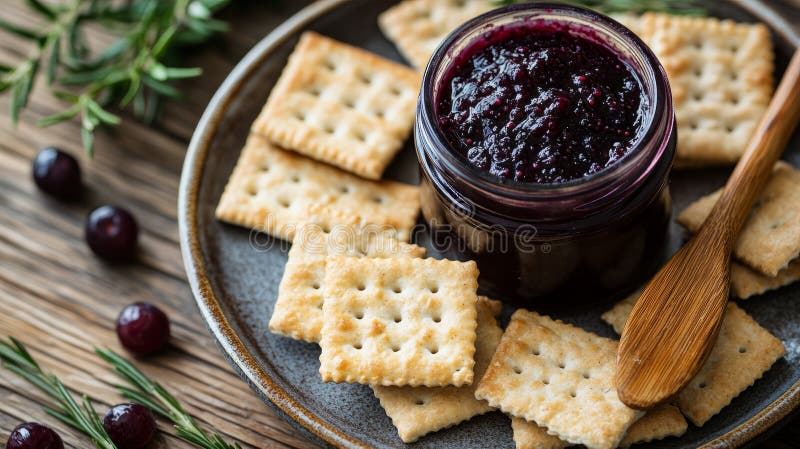 Crackers and Jam on a Plate with Rosemary and Cranberries. Stock Photo ...