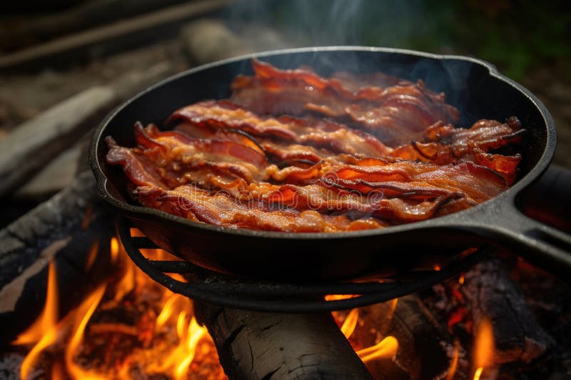 Crackling Bacon Strips Sizzling on a Skillet Over a Morning Campfire ...