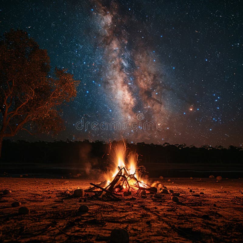 Crackling Campfire Embers Under a Canopy of Stars the Fire Blurs with ...