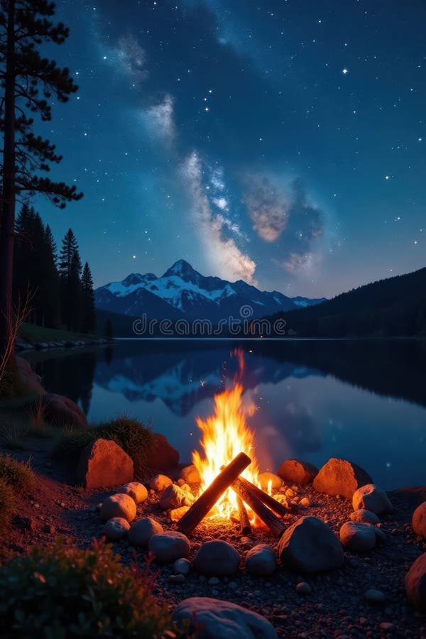 Crackling Campfire beside Tranquil Lake Under Starry Sky, Stars, Fire ...