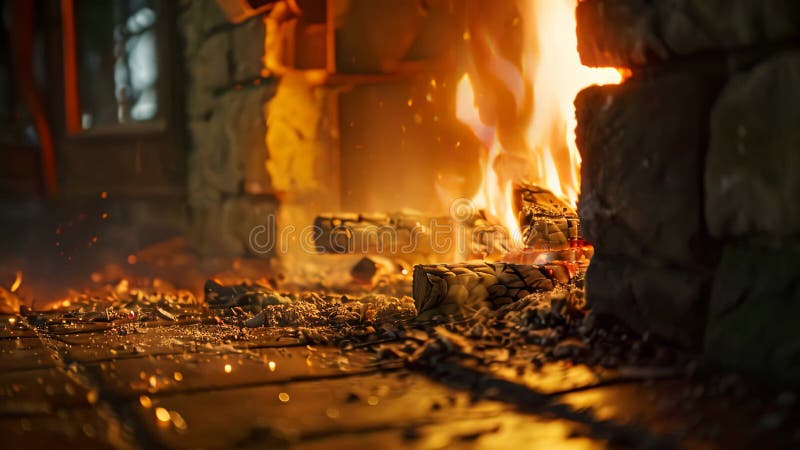 A Crackling Fire Dances Inside a Stone Fireplace, Casting a Warm Glow ...