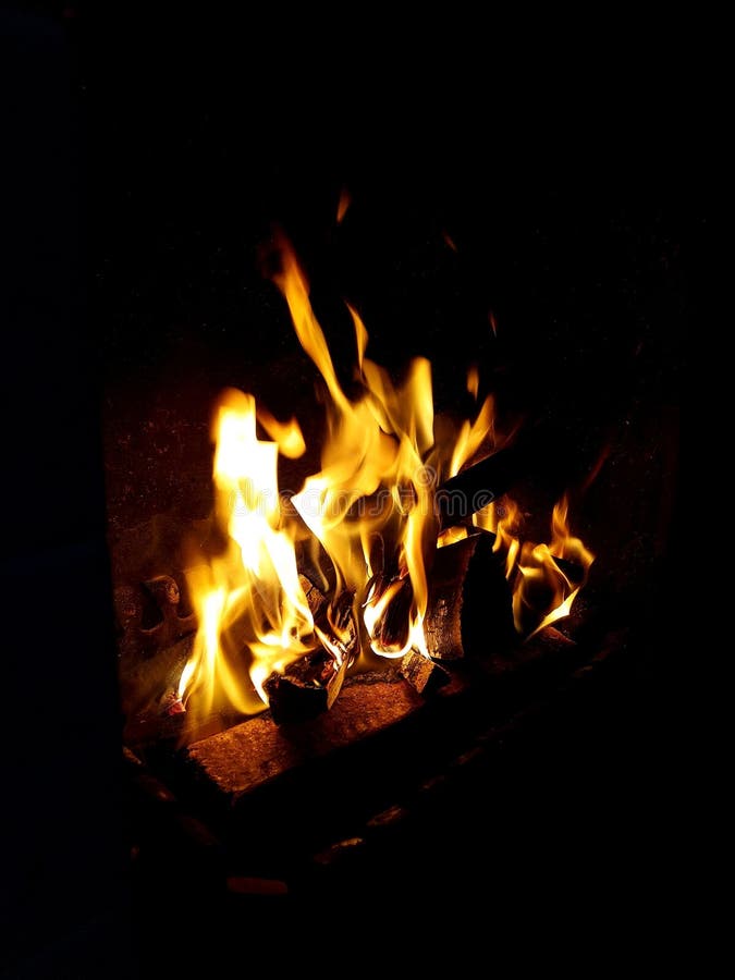 Crackling Nighttime Fire in a Fireplace Stock Photo - Image of warm ...