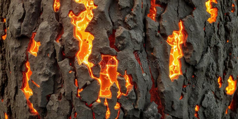 Fiery Glow Emanating through the Cracks of a Charred Tree Trunk after a ...