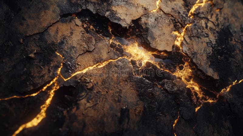 Cracks in a Dark, Textured Surface Glow with Intense Golden Light Stock ...