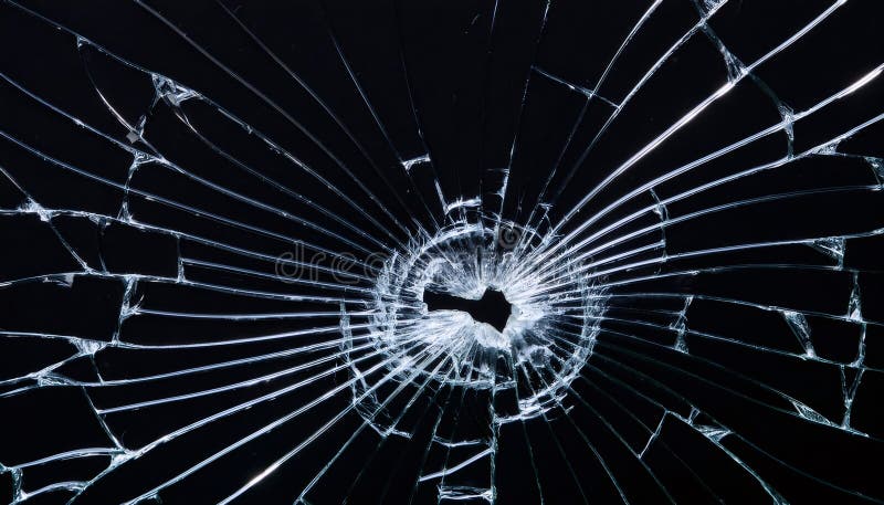 Cracks Expanding from a Hole in Broken Glass on a Black Background ...