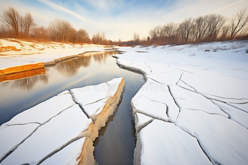 Cracks Forming in the Ice on a River Bend Stock Image - Image of ...