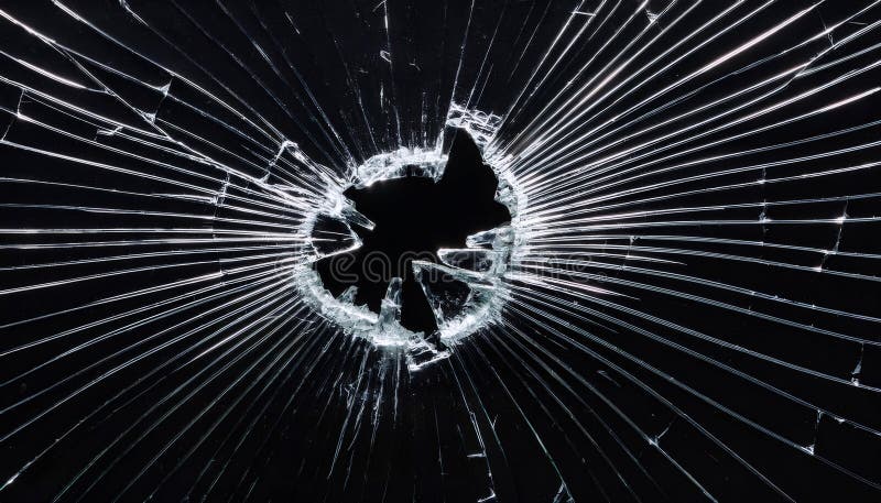 Broken Glass Creating Hole Radiating Cracks Dark Background Stock ...