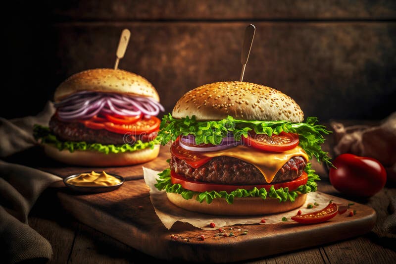 Craft Beef Burger Set with Cheese Salad and Grilled Vegetables Stock ...