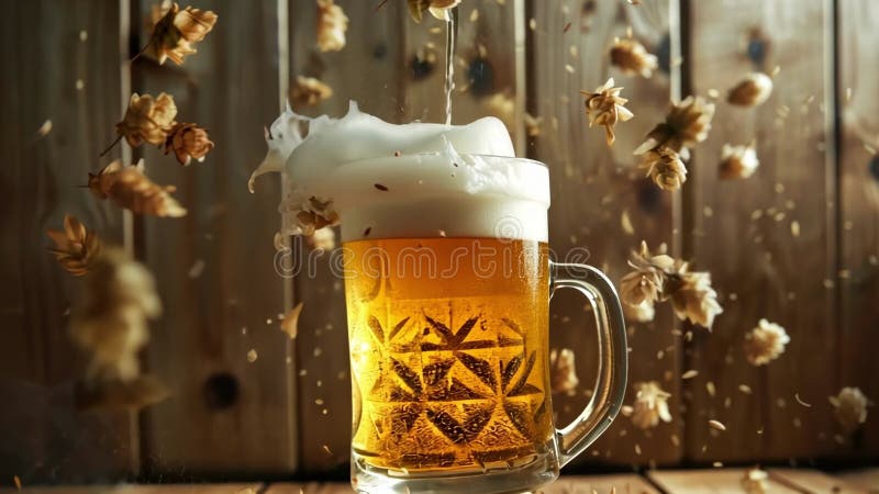 Craft Beer Explosion with Hops and Foam in Rustic Setting Stock Footage ...