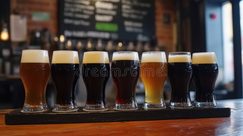 Craft Beer Flight in Rustic Pub Setting with Diverse Selections ...