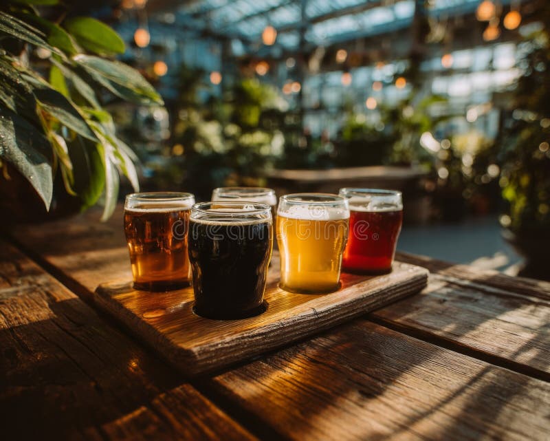 Craft Beer Flight on Rustic Wooden Table in Greenhouse Setting Stock ...