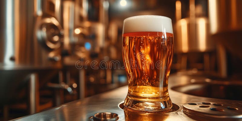 Craft Beer in Glass with Bubbles on Bar Counter in Brewery Setting ...