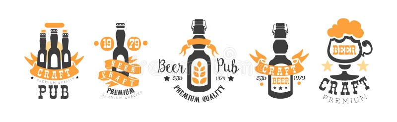 Craft Beer Logo and Label Design with Alcoholic Drink Vector Set Stock ...