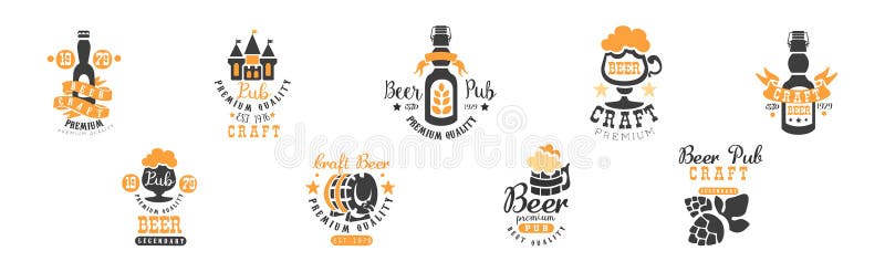 Craft Beer Logo and Label Design with Alcoholic Drink Vector Set Stock ...