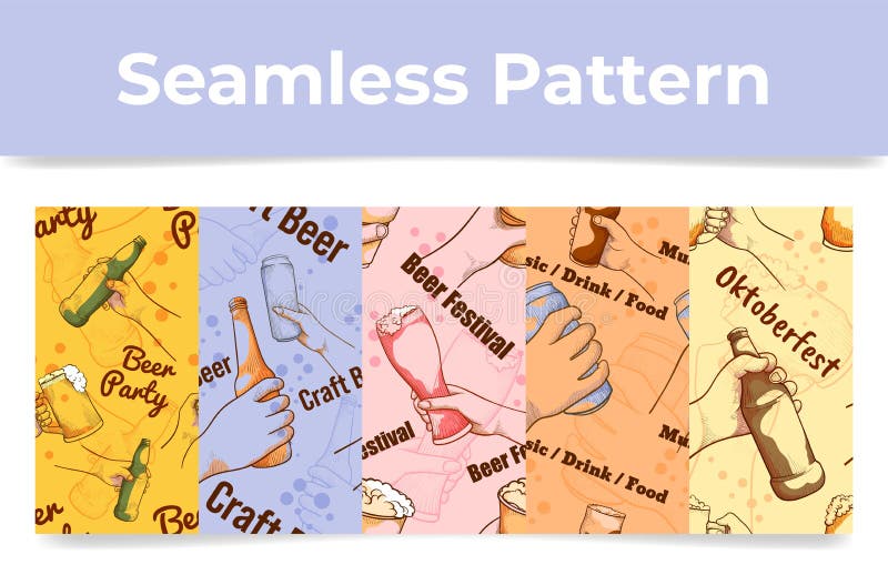 Craft Beer Seamless Pattern Set Engraved Vector Foamy Malt Refreshment ...