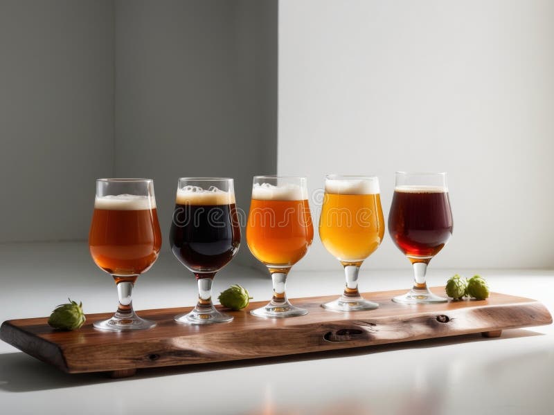 Craft Beer Tasting Flight Five Different Ales on Wooden Tray Stock ...