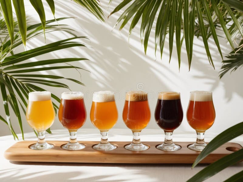 Craft Beer Tasting Flight Tropical Plants Background Stock Photo ...