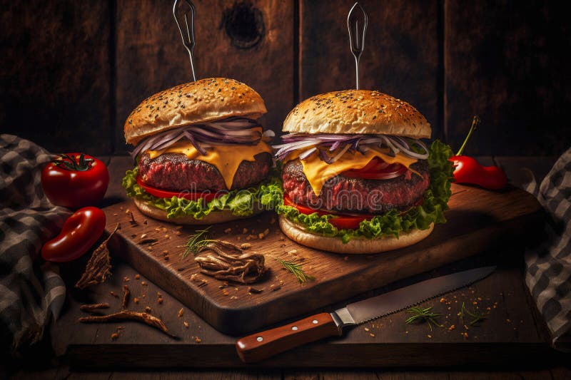 Craft Burger Set in Restaurant with Meat, Cheese, Tomatoes and Salad ...