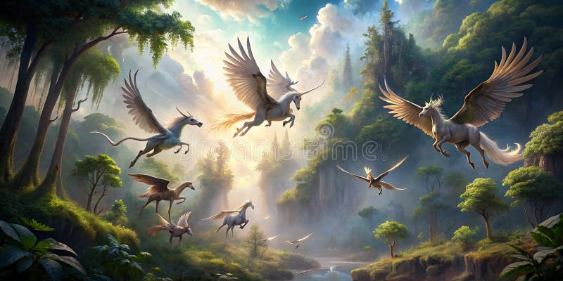 Craft a Captivating Scene of Mythical Creatures Soaring Above an ...