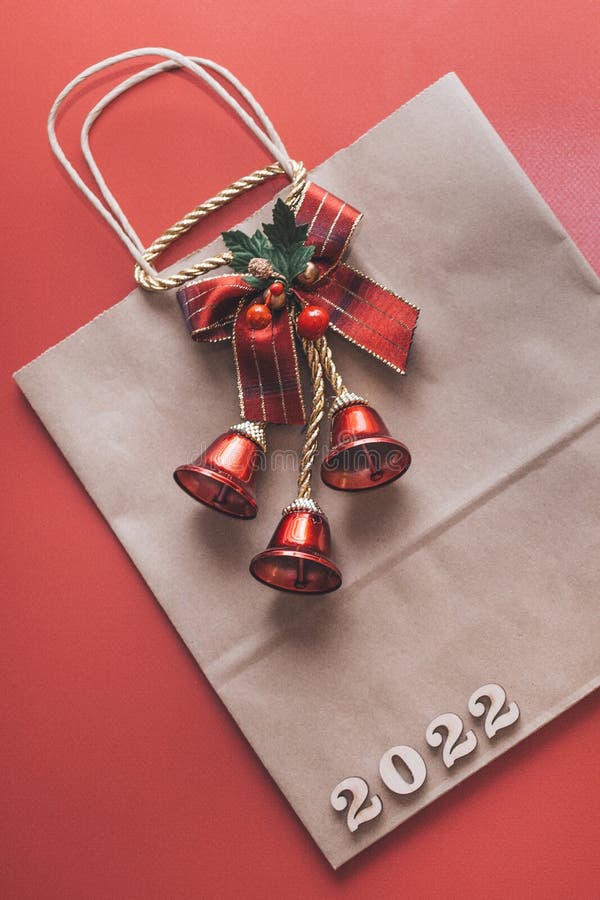Craft Christmas Package with a Gift on a Red Background Stock Photo ...