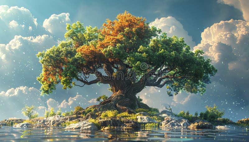 Craft a Digital 3D Rendering of a Surreal, Pixelated Oak Tree Landscape ...
