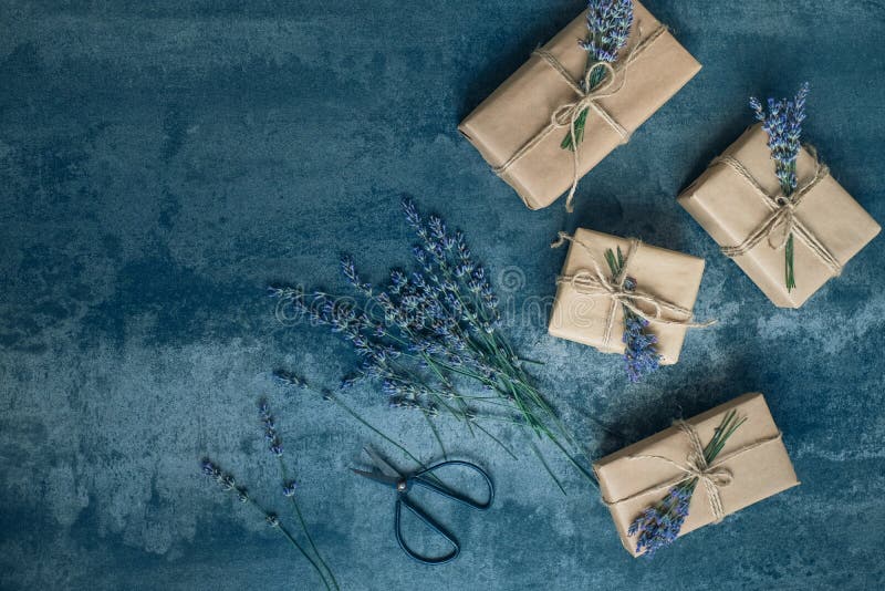 Craft Gift Boxes Decorated with Lavender. on a Concrete Background ...