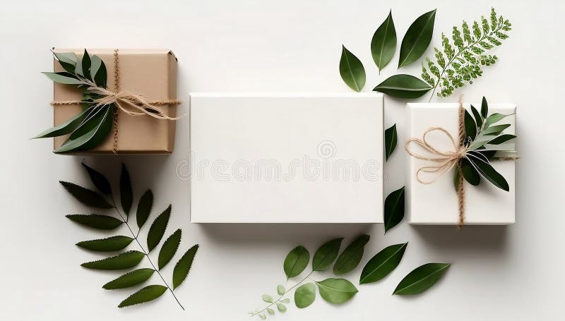 Craft Gift Boxes with Green Branches and Leaves. Flat Lay Mock Up. Ai ...