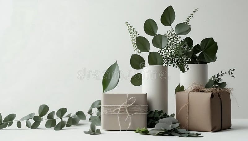 Craft Gift Boxes with Green Branches and Leaves in Vases. Ai Generative ...