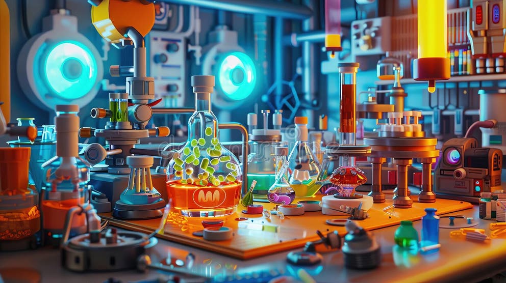 Craft a Highangle View Illustration of a Comical Scene in a Science Lab ...