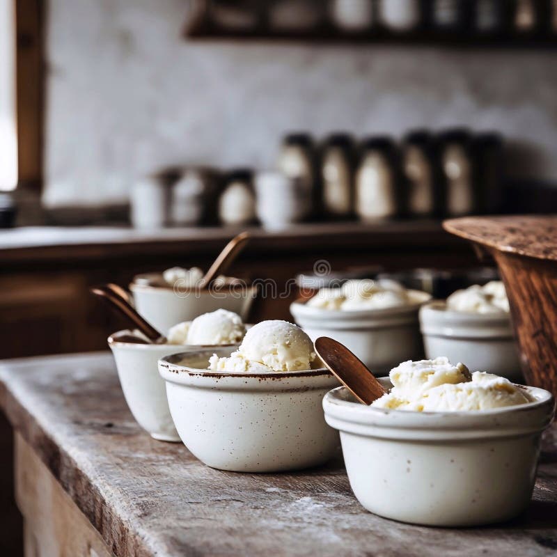 Craft Ice Cream in Porcelain Dishes, in a Rustic Kitchen Stock Photo ...