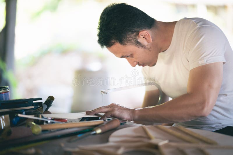 Craft Man Making Guitar on Wood Table, Capenter Working Concept Stock ...