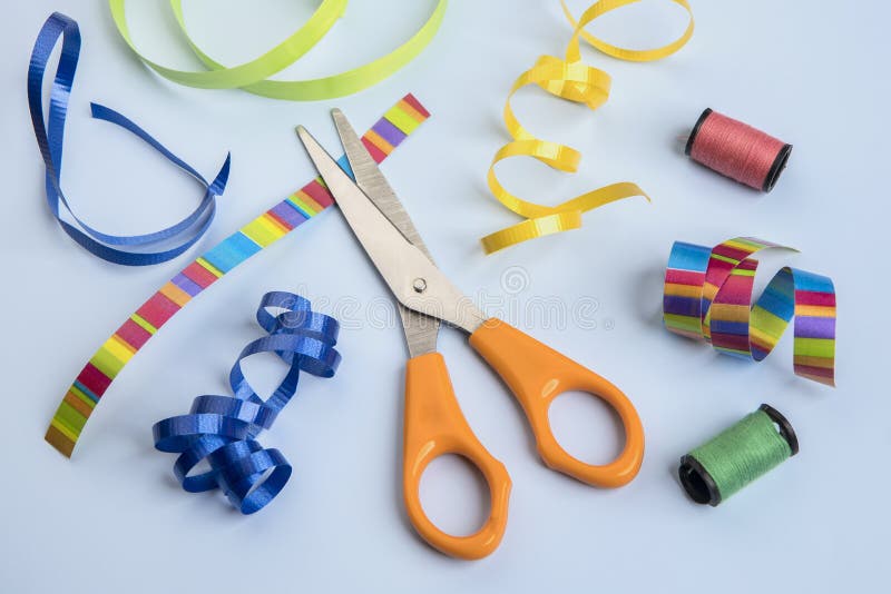 Craft Objects Such As Scissors, Ribbon, and Thread Stock Photo - Image ...