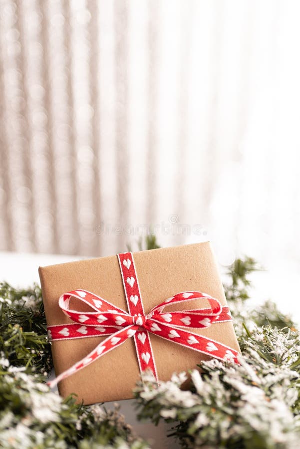 Craft Paper Gift Box with Red Ribbon on New Year Stock Image - Image of ...