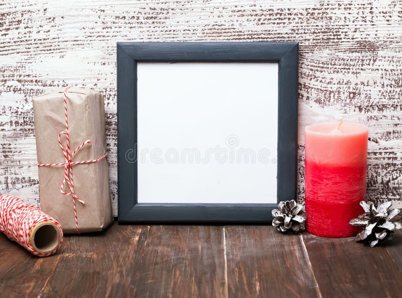 Blank Frame, Craft Style Christmas Decor and Red Lantern Stock Image ...