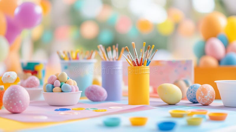 Craft Supplies and Decorated Eggs on a Table Create a Festive Easter ...