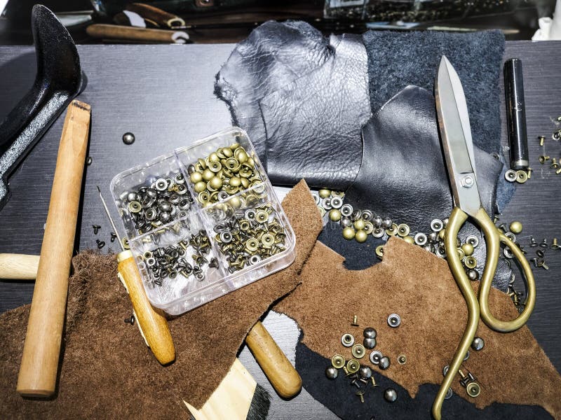 Craft Tools and Leather on Table Top View Stock Image - Image of ...