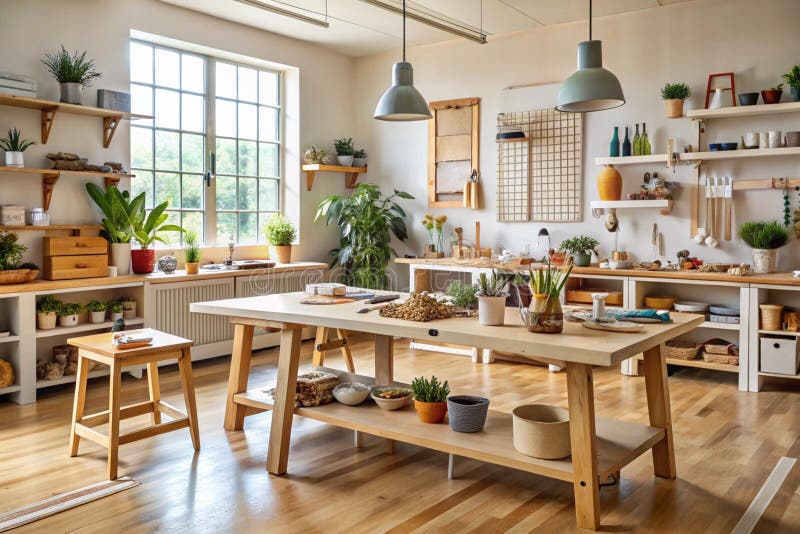 Craft Workshop Interior and Empty Work Table Stock Illustration ...