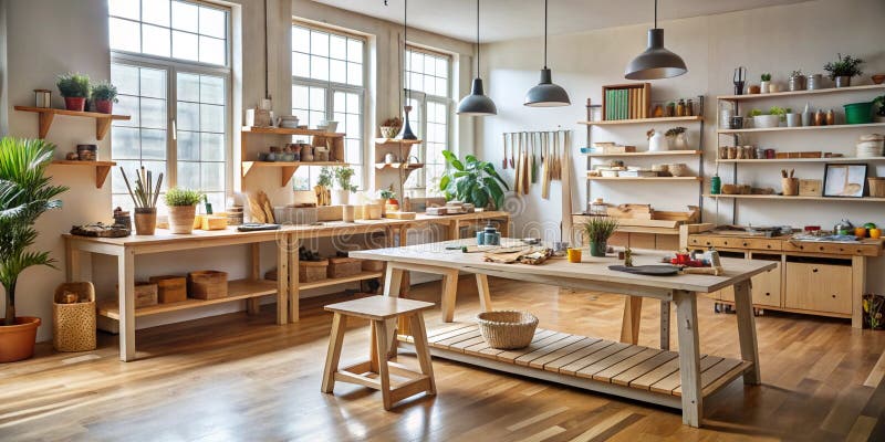 Craft Workshop Interior and Empty Work Table Stock Illustration ...