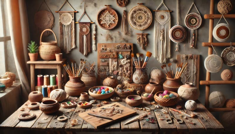 Craft Workspace Featuring Macrame Wall Hangings and Handmade Creations ...