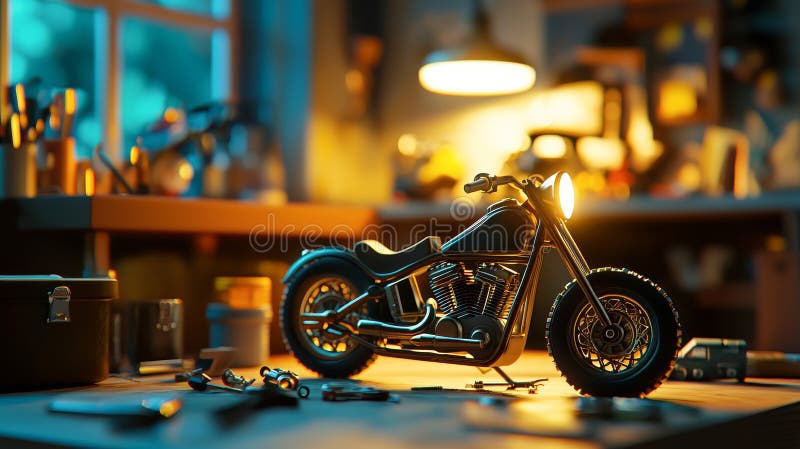 Crafting Black Motorcycle in Workshop Setting with Tools and Lighting ...